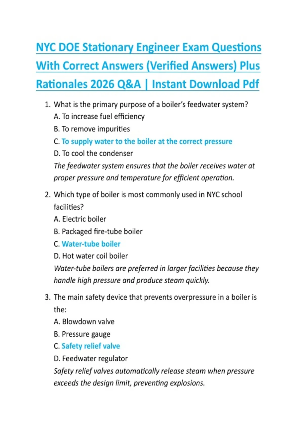 NYC DOE Stationary Engineer Exam Questions With Correct Answers ...