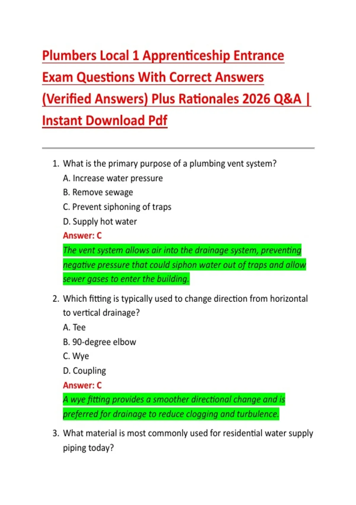 Plumbers Local 1 Apprenticeship Entrance Exam Questions With Correct ...