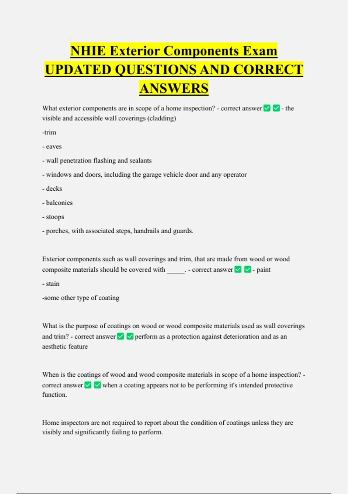 NHIE Exterior Components Exam UPDATED QUESTIONS AND CORRECT ANSWERS ...