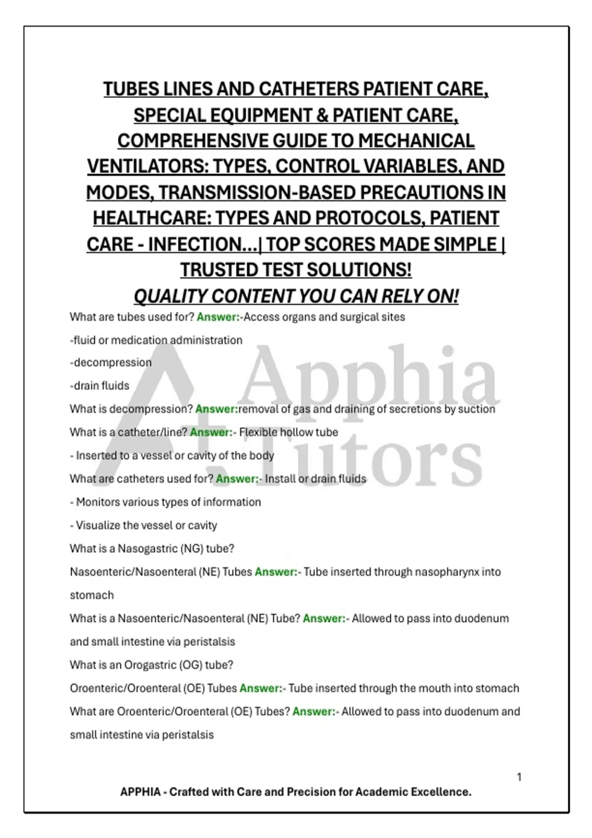 TUBES LINES AND CATHETERS PATIENT CARE, SPECIAL EQUIPMENT & PATIENT ...