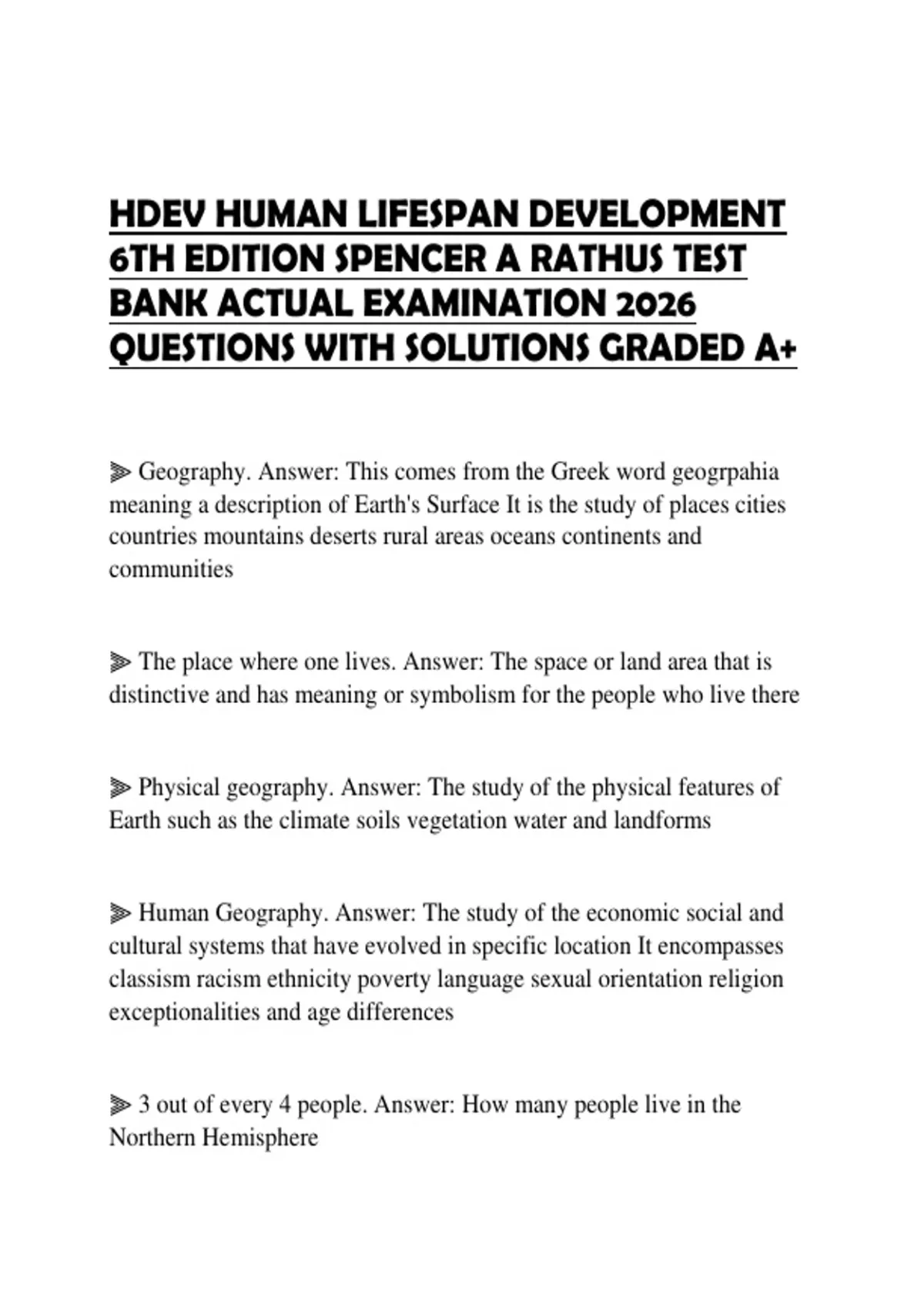 HDEV HUMAN LIFESPAN DEVELOPMENT 6TH EDITION SPENCER A RATHUS TEST BANK ...