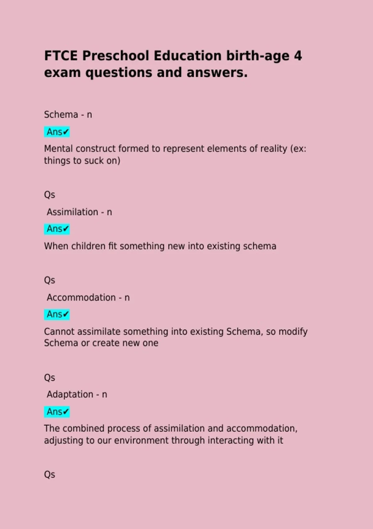FTCE Preschool Education birth-age 4 exam questions and answers. Schema ...
