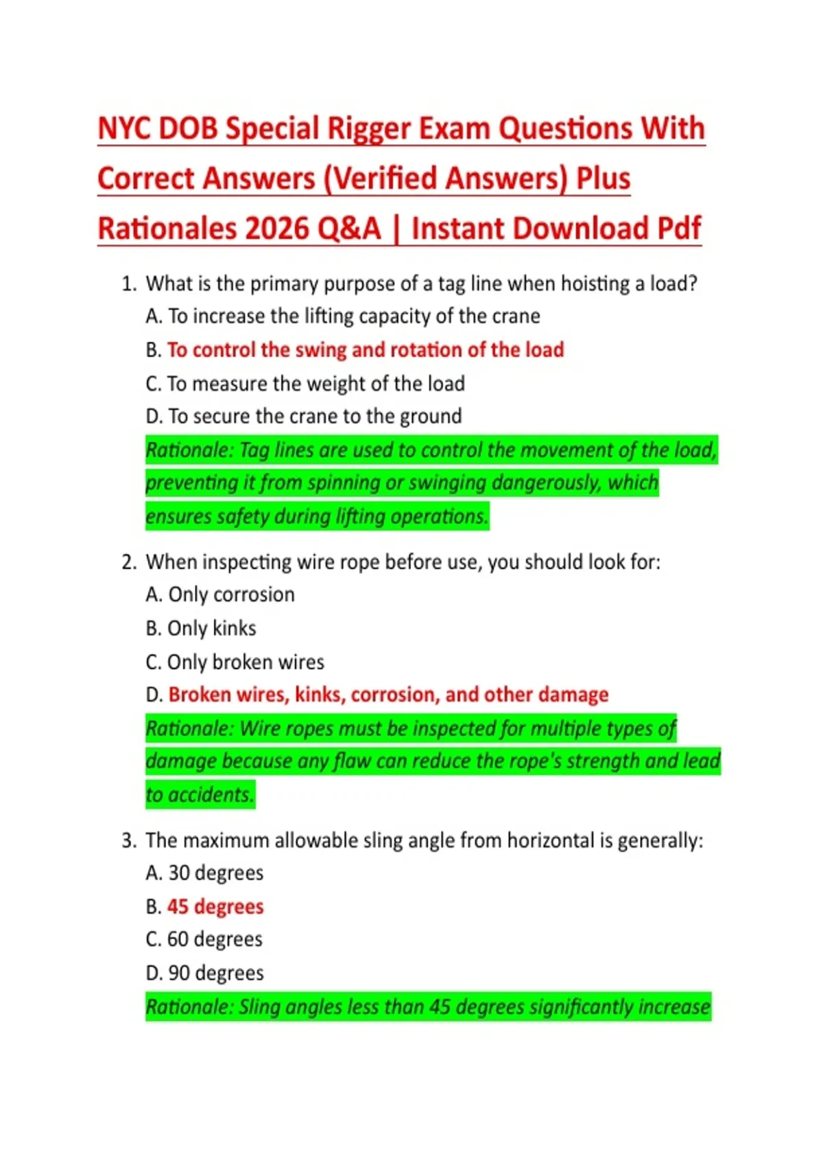 NYC DOB Special Rigger Exam Questions With Correct Answers (Verified ...