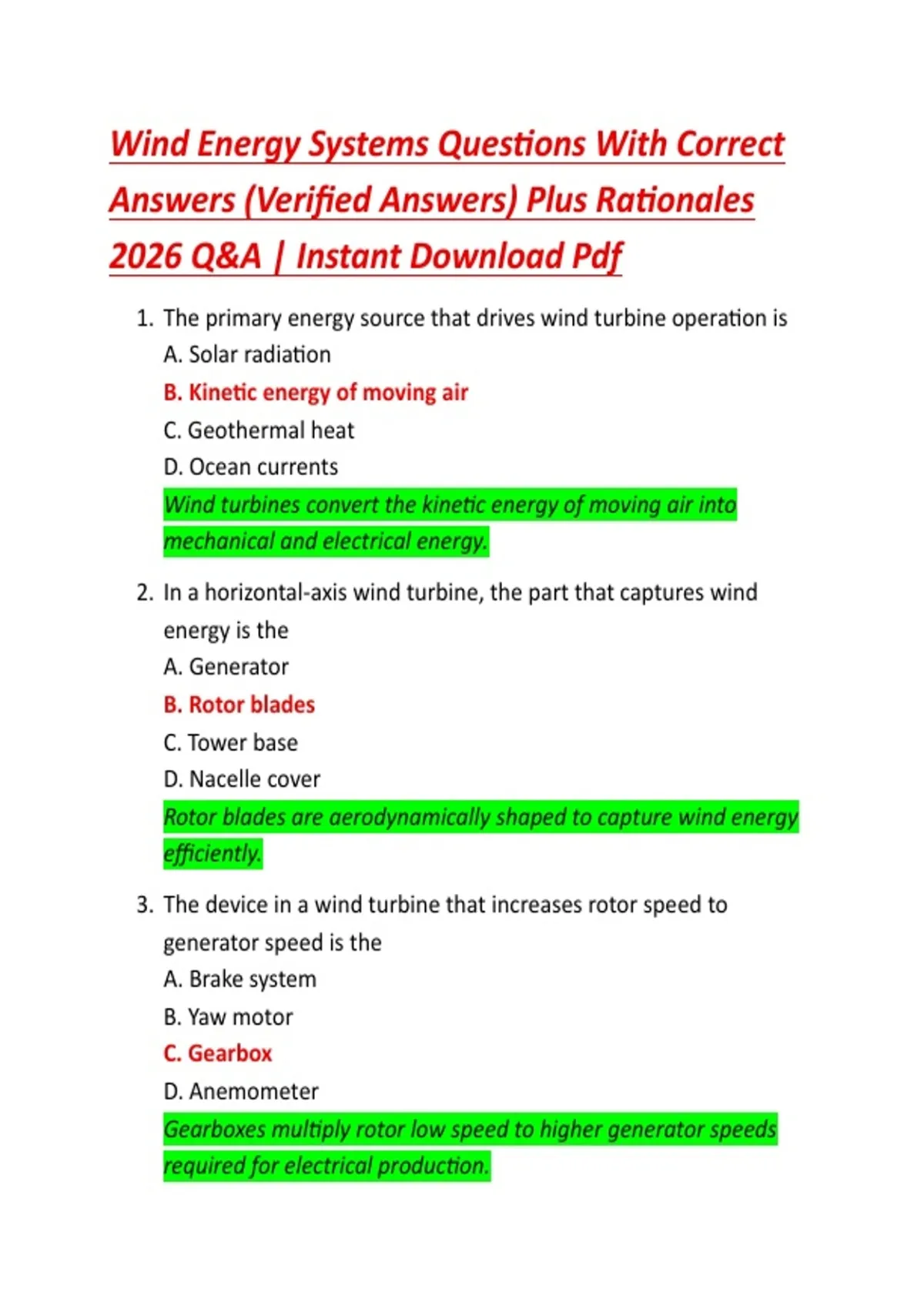 Wind Energy Systems Questions With Correct Answers (Verified Answers ...