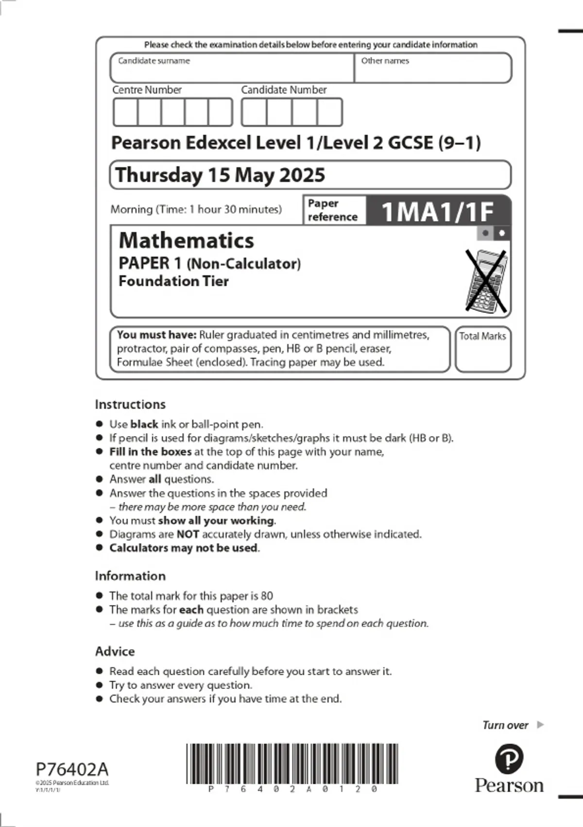2025 Pearson Edexcel Level 1/Level 2 GCSE (9–1) Mathematics PAPER 1 ...