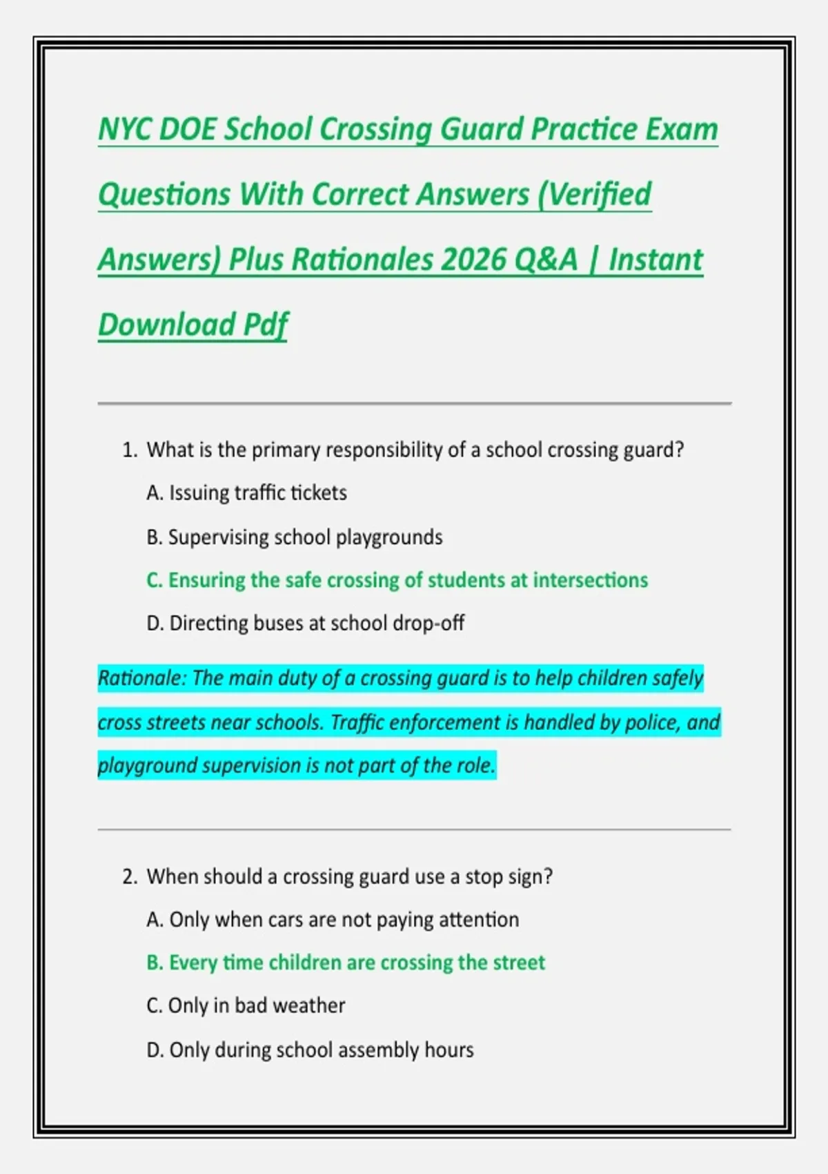 NYC DOE School Crossing Guard Practice Exam Questions With Correct ...