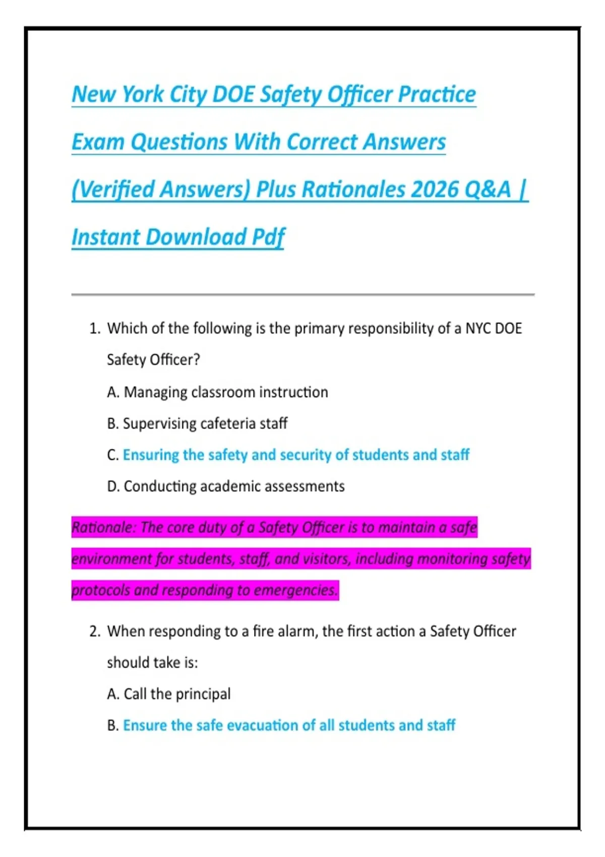 New York City DOE Safety Officer Practice Exam Questions With Correct ...
