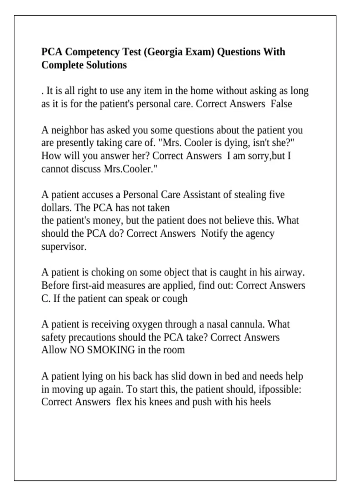 PCA Competency Test (Georgia Exam) Questions With Complete Solutions ...