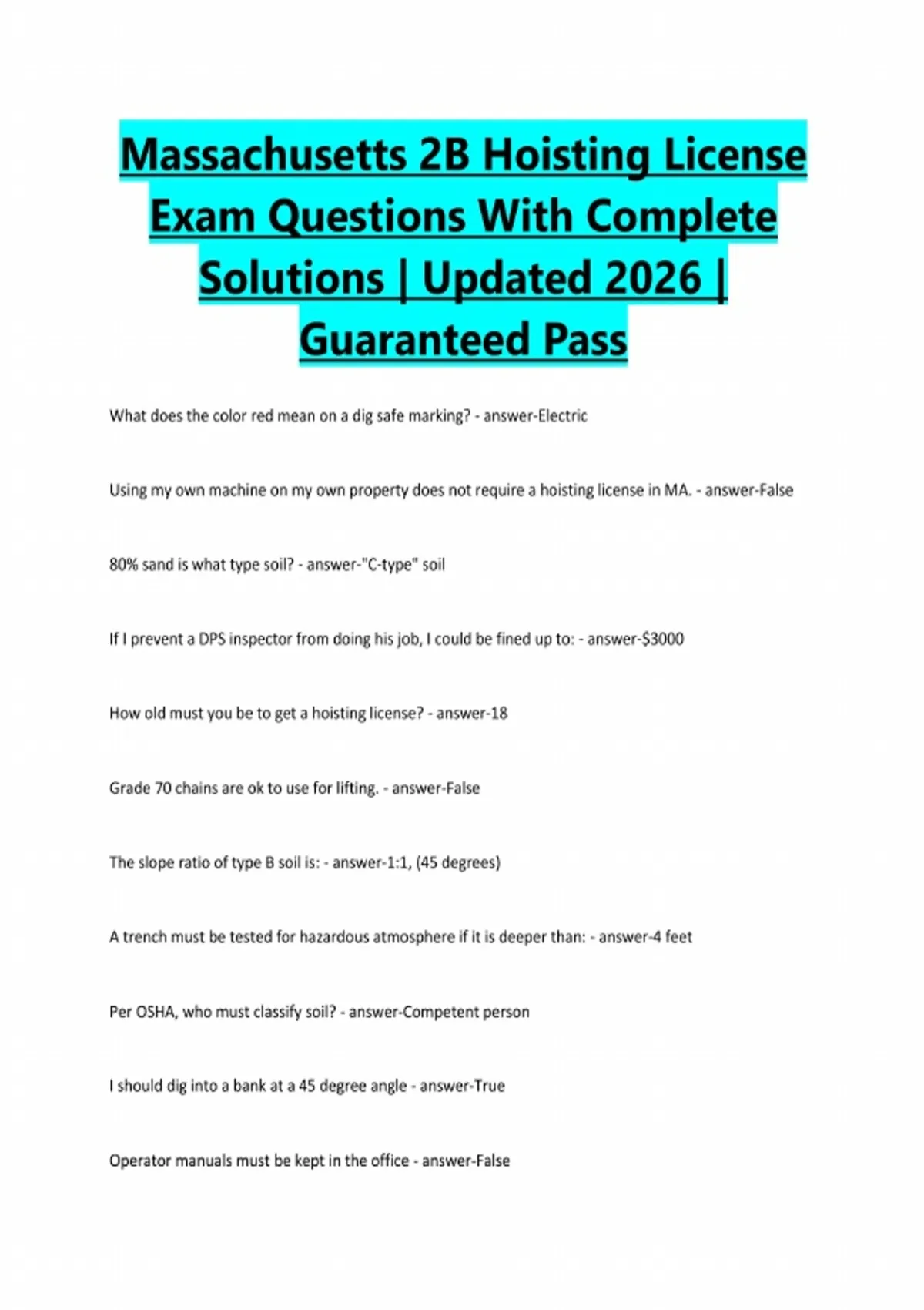 Massachusetts 2B Hoisting License Exam Questions With Complete ...
