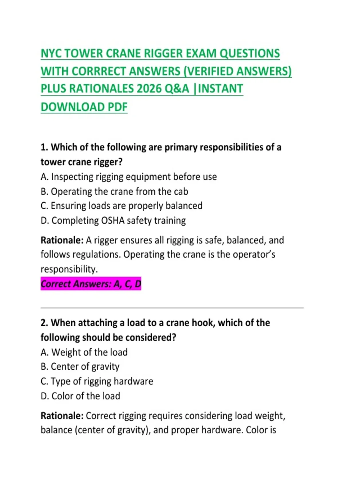 NYC Tower Crane Rigger Exam: Practice Questions with Correct Answers ...