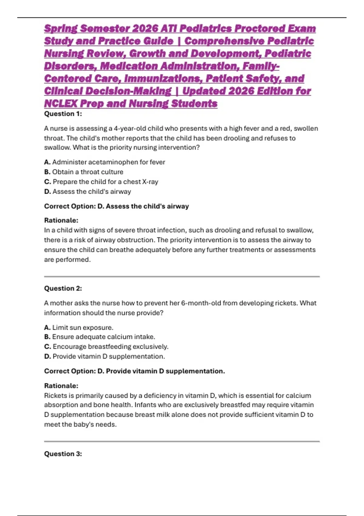 Spring Semester 2026 ATI Pediatrics Proctored Exam Study and Practice ...