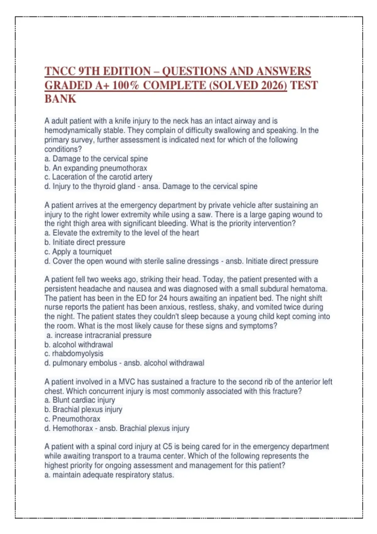 TNCC 9TH EDITION – QUESTIONS AND ANSWERS GRADED A+ 100% COMPLETE ...