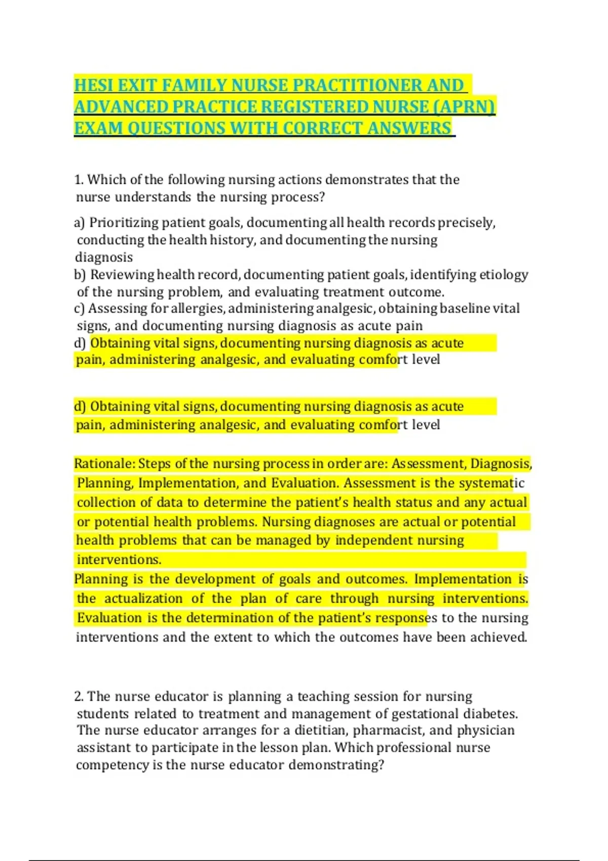 HESI EXIT FAMILY NURSE PRACTITIONER AND ADVANCED PRACTICE REGISTERED ...