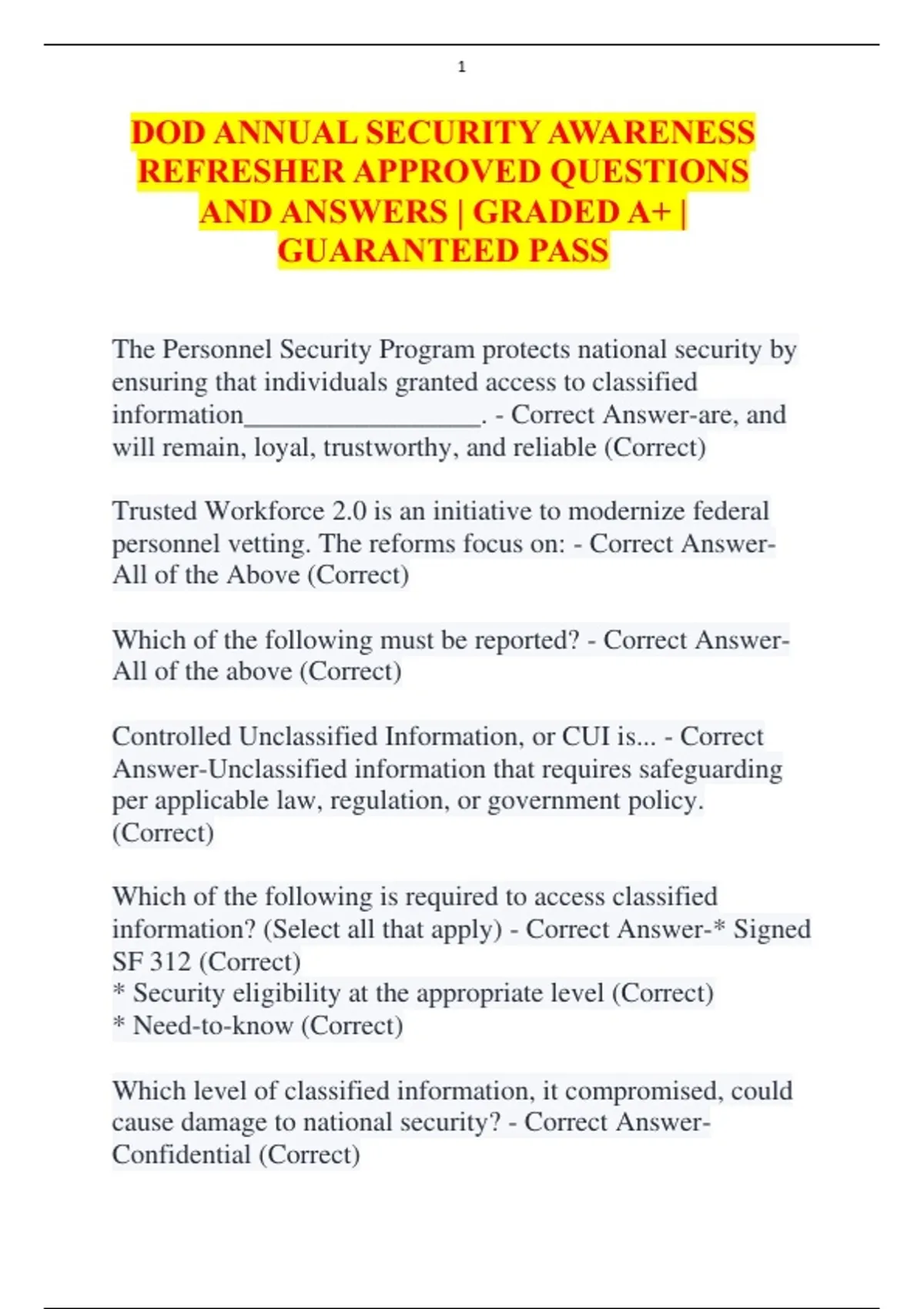 DOD ANNUAL SECURITY AWARENESS REFRESHER APPROVED QUESTIONS AND ANSWERS ...