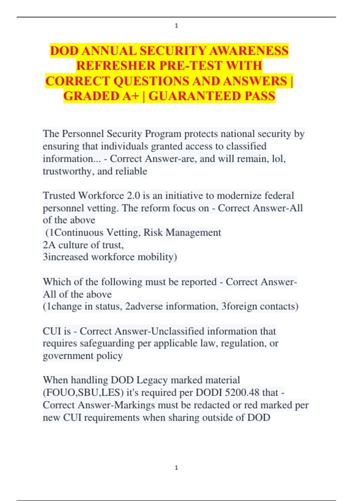 DOD ANNUAL SECURITY AWARENESS REFRESHER PRE-TEST WITH CORRECT QUESTIONS ...