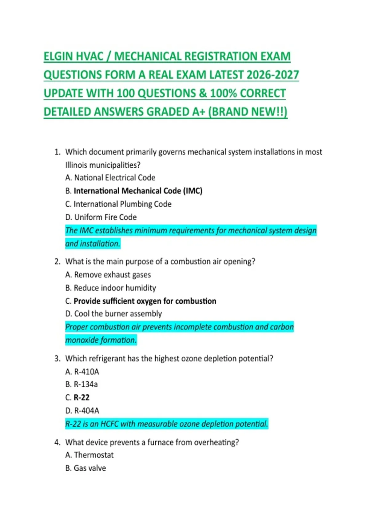 ELGIN HVAC / MECHANICAL REGISTRATION EXAM QUESTIONS FORM A REAL EXAM ...