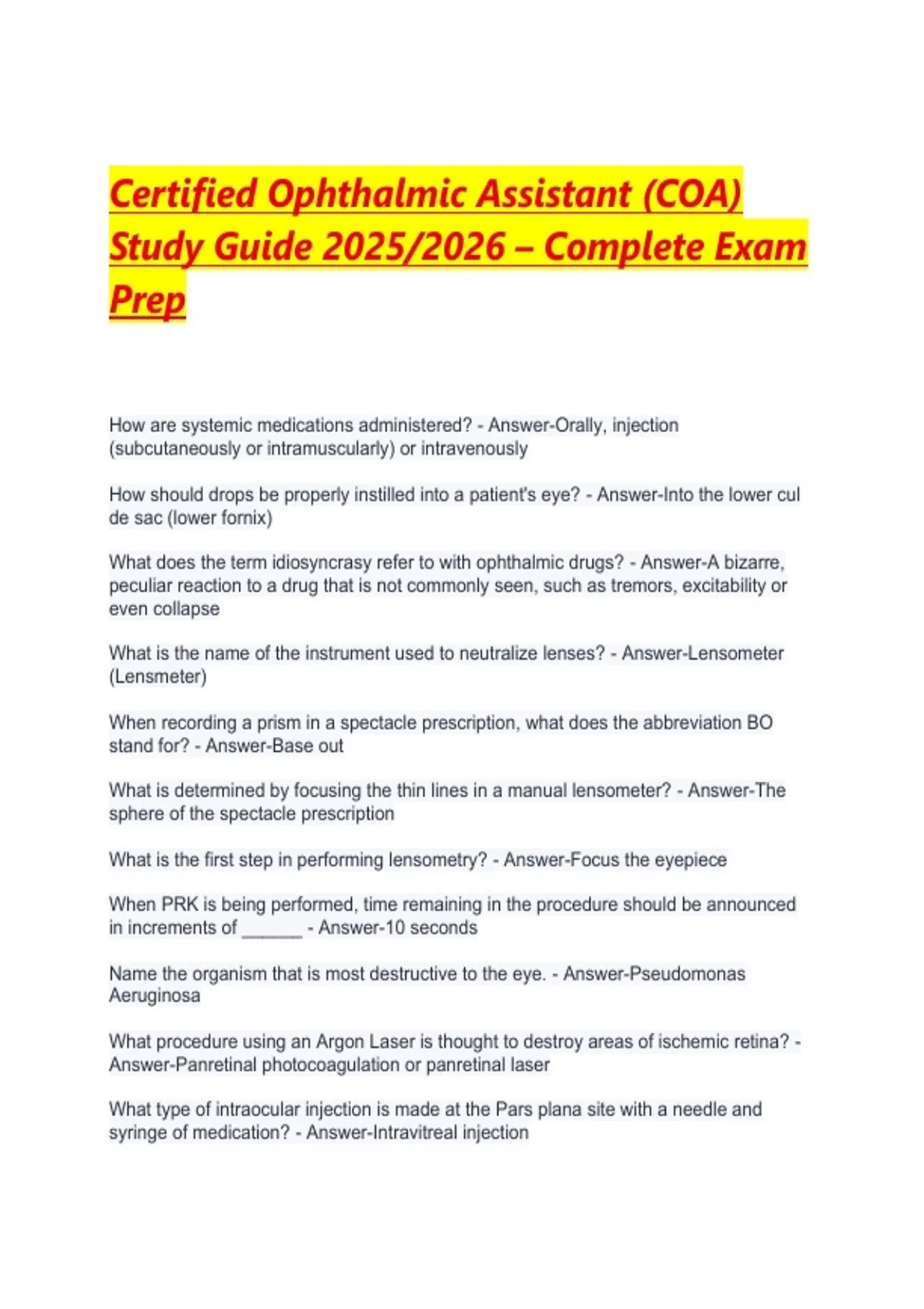 Certified Ophthalmic Assistant (COA) Study Guide 2025/2026 – Complete ...
