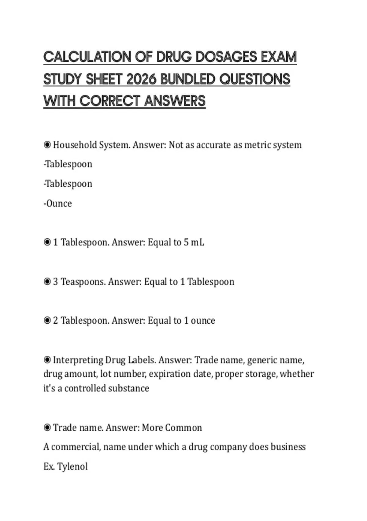 CALCULATION OF DRUG DOSAGES EXAM STUDY SHEET 2026 BUNDLED QUESTIONS ...