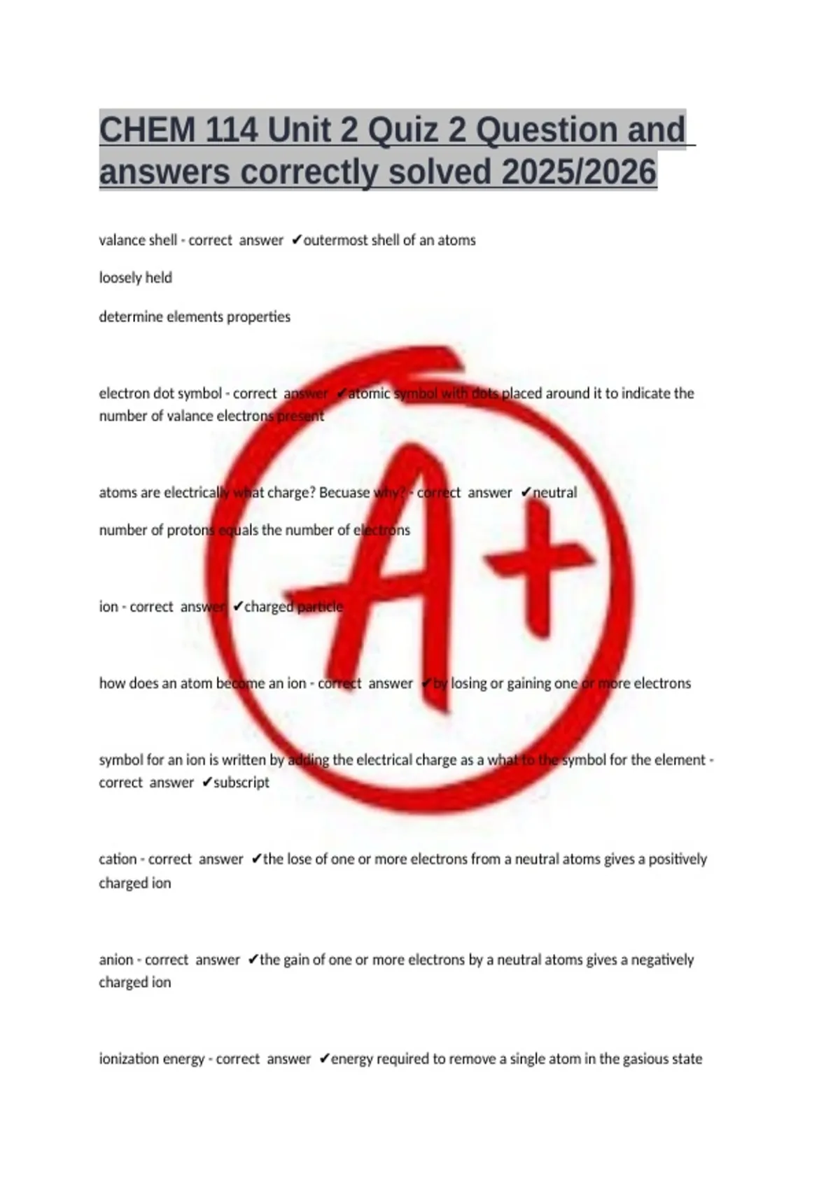 CHEM 114 Unit 2 Quiz 2 Question and answers correctly solved 2025/2026 ...