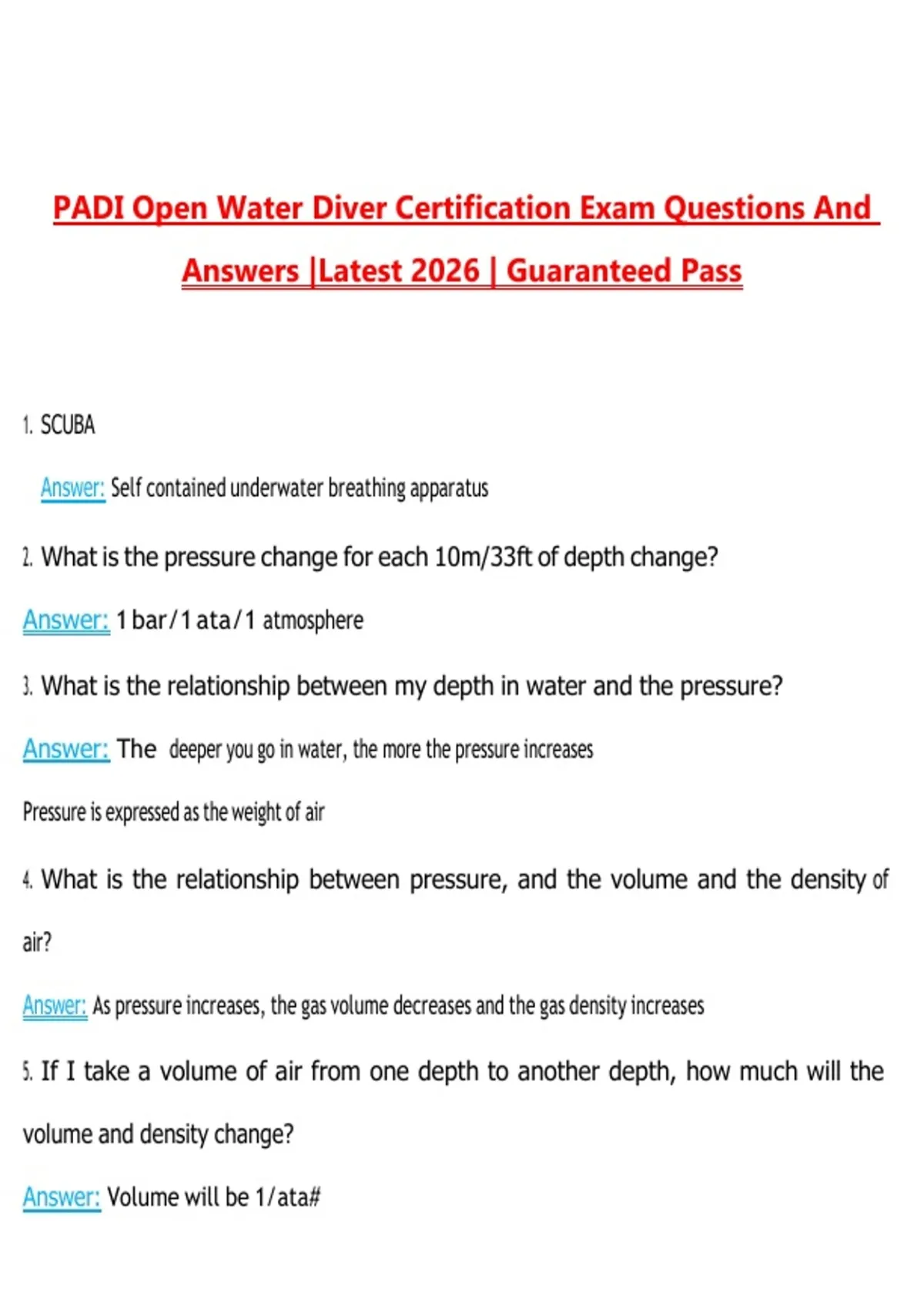 PADI Open Water Diver Certification Exam Questions with Correct Answers ...