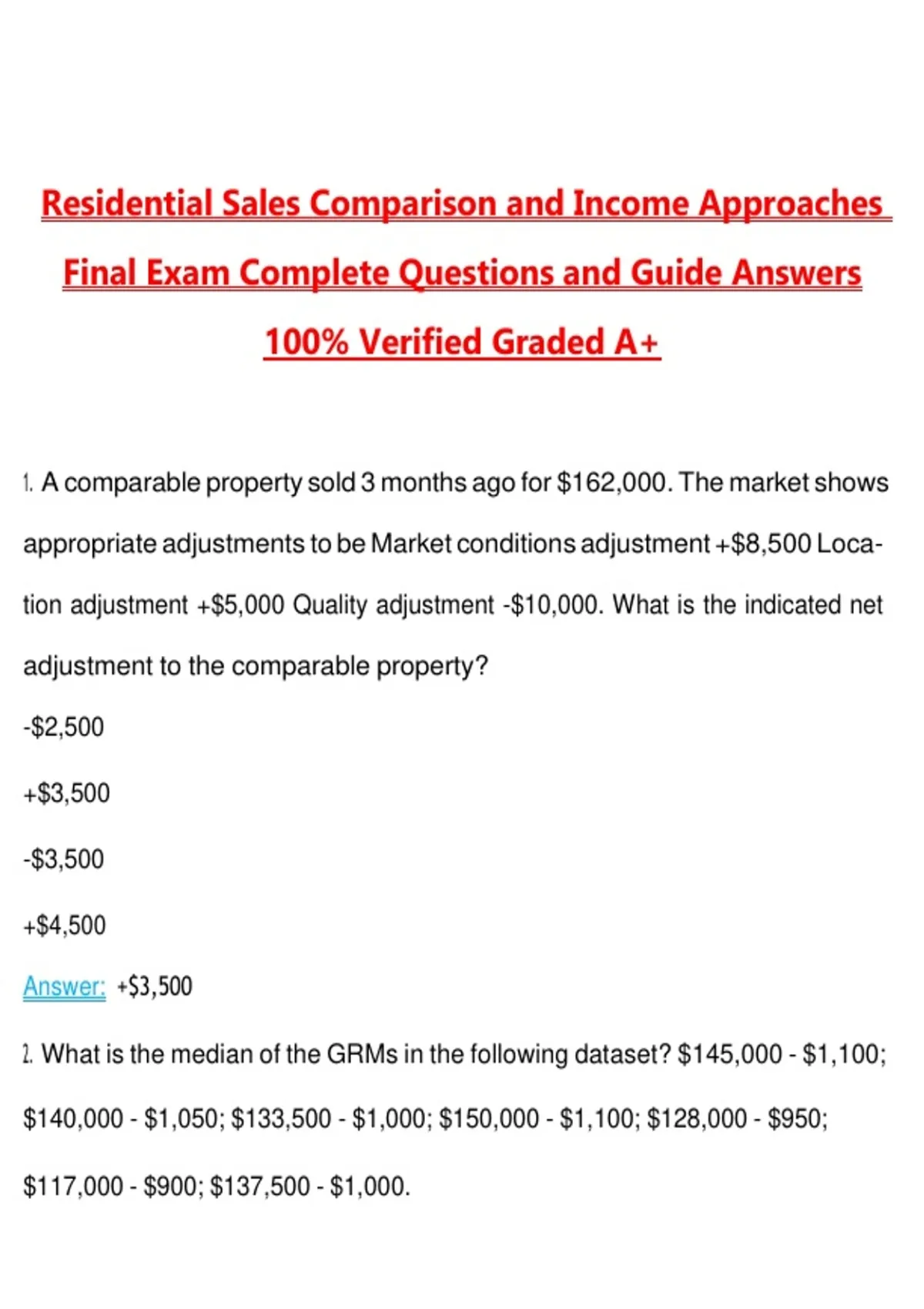 Residential Sales Comparison & Income Approaches Final Exam Questions ...