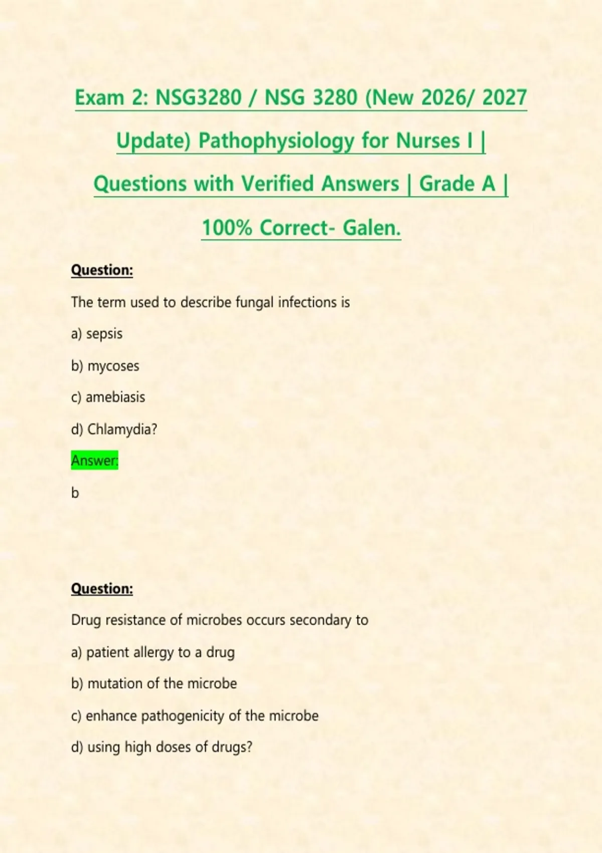 Exam 2: NSG3280 / NSG 3280 (New 2026/ 2027 Update) Pathophysiology for ...