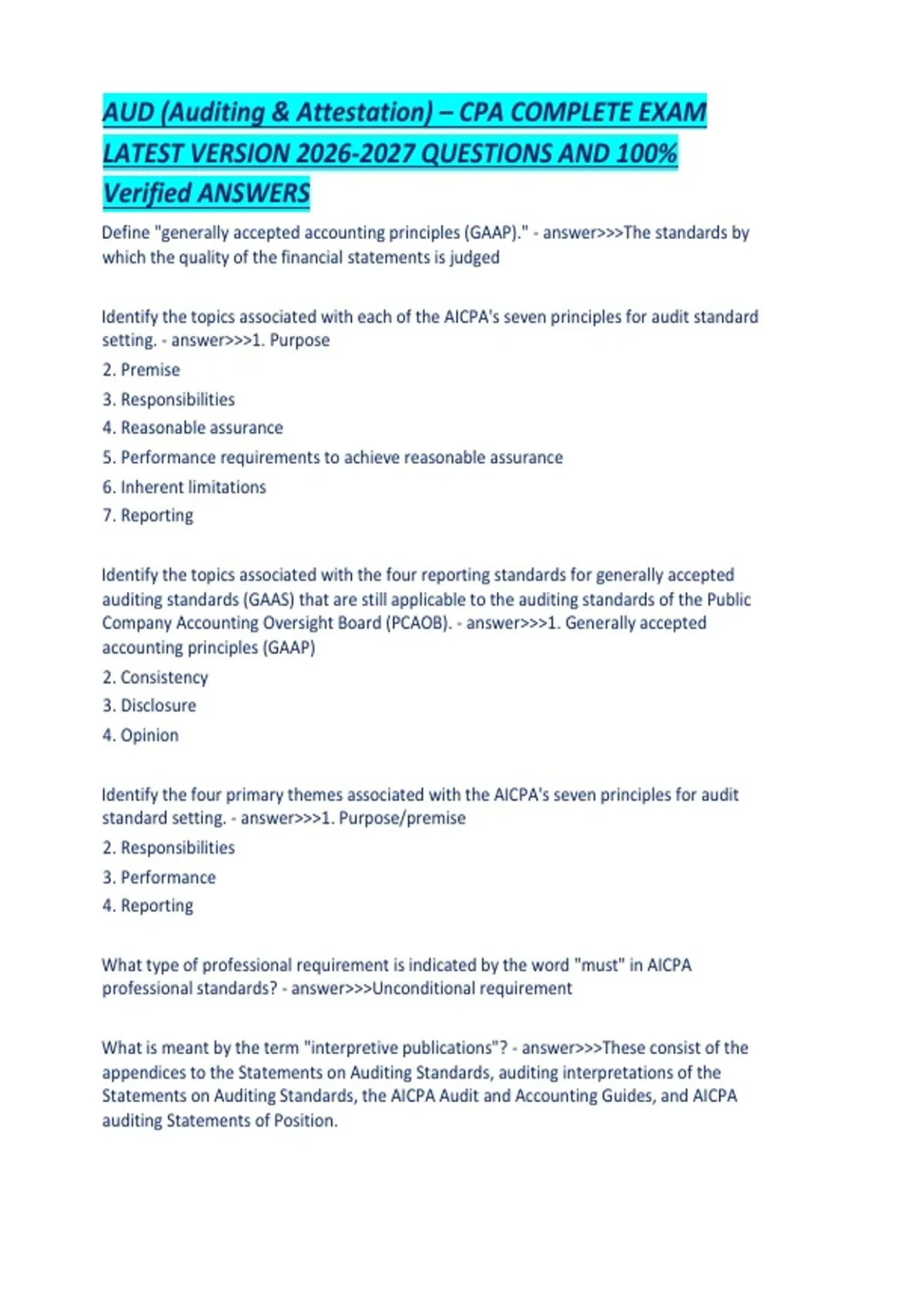 AUD (Auditing & Attestation) – CPA COMPLETE EXAM LATEST VERSION ...
