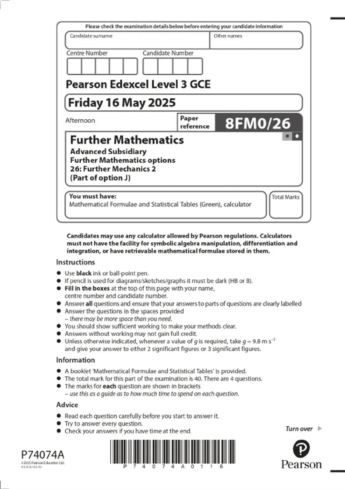 2025 Pearson Edexcel Level 3 GCE Further Mathematics Advanced ...