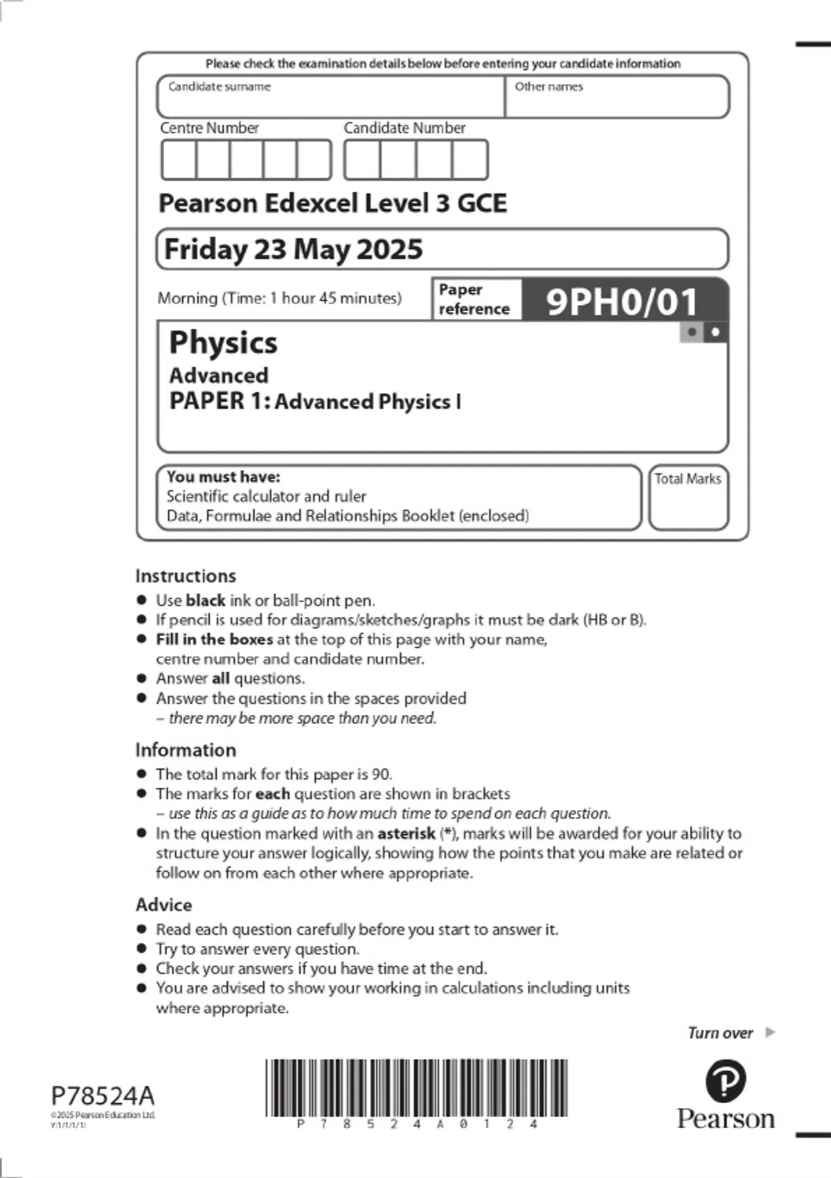 2025 Pearson Edexcel Level 3 GCE Physics Advanced PAPER 1: Advanced ...
