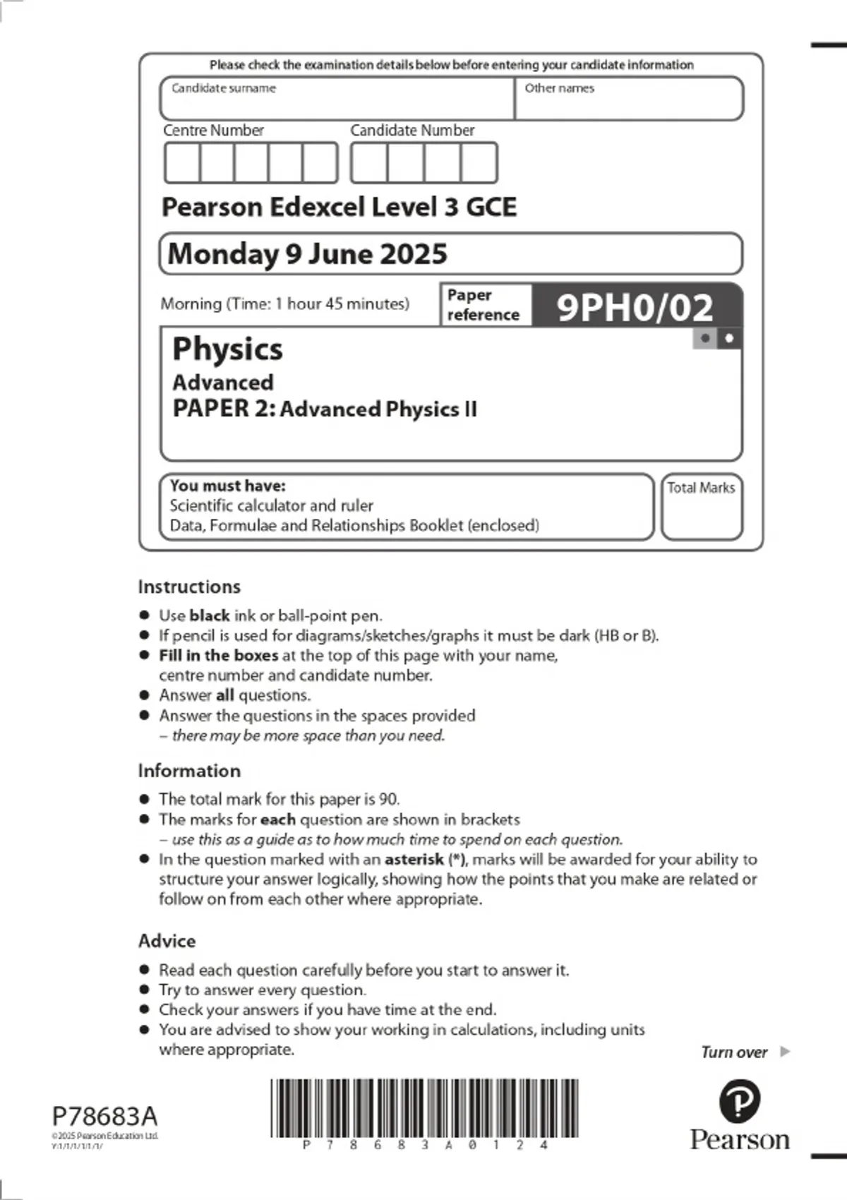 2025 Pearson Edexcel Level 3 GCE Physics Advanced PAPER 2: Advanced ...