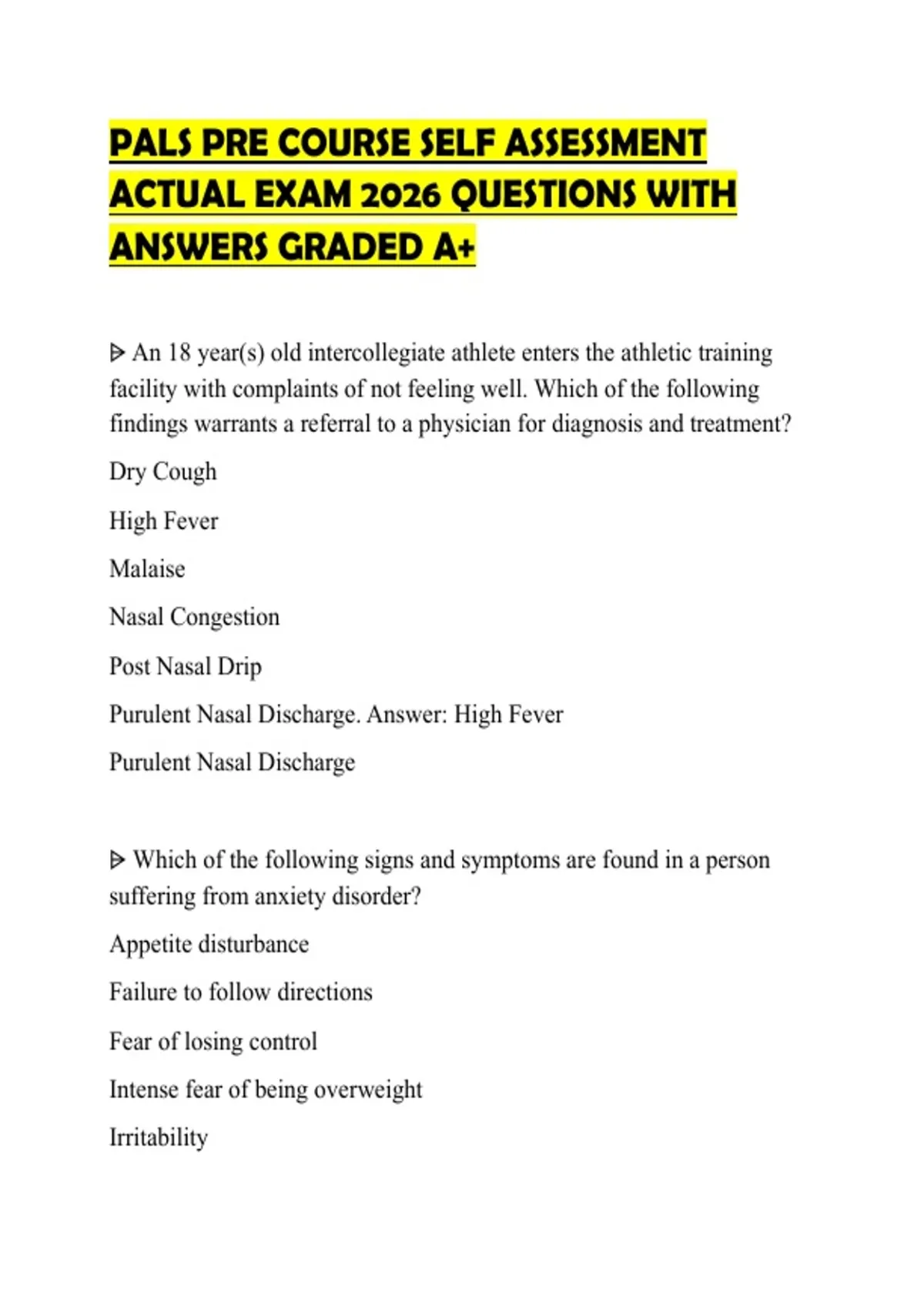 PALS PRE COURSE SELF ASSESSMENT FINAL PAPER 2026 FULL QUESTIONS WITH ...