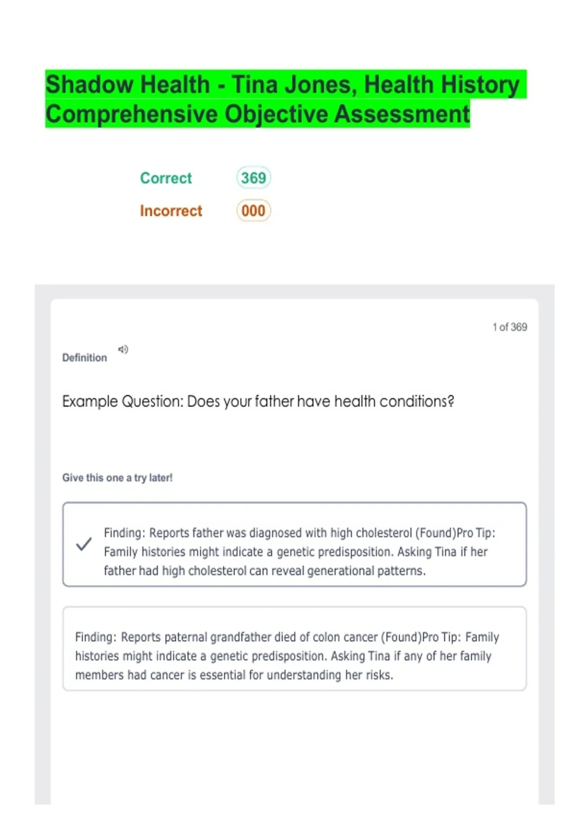 Shadow Health - Tina Jones, Health History Comprehensive Objective ...