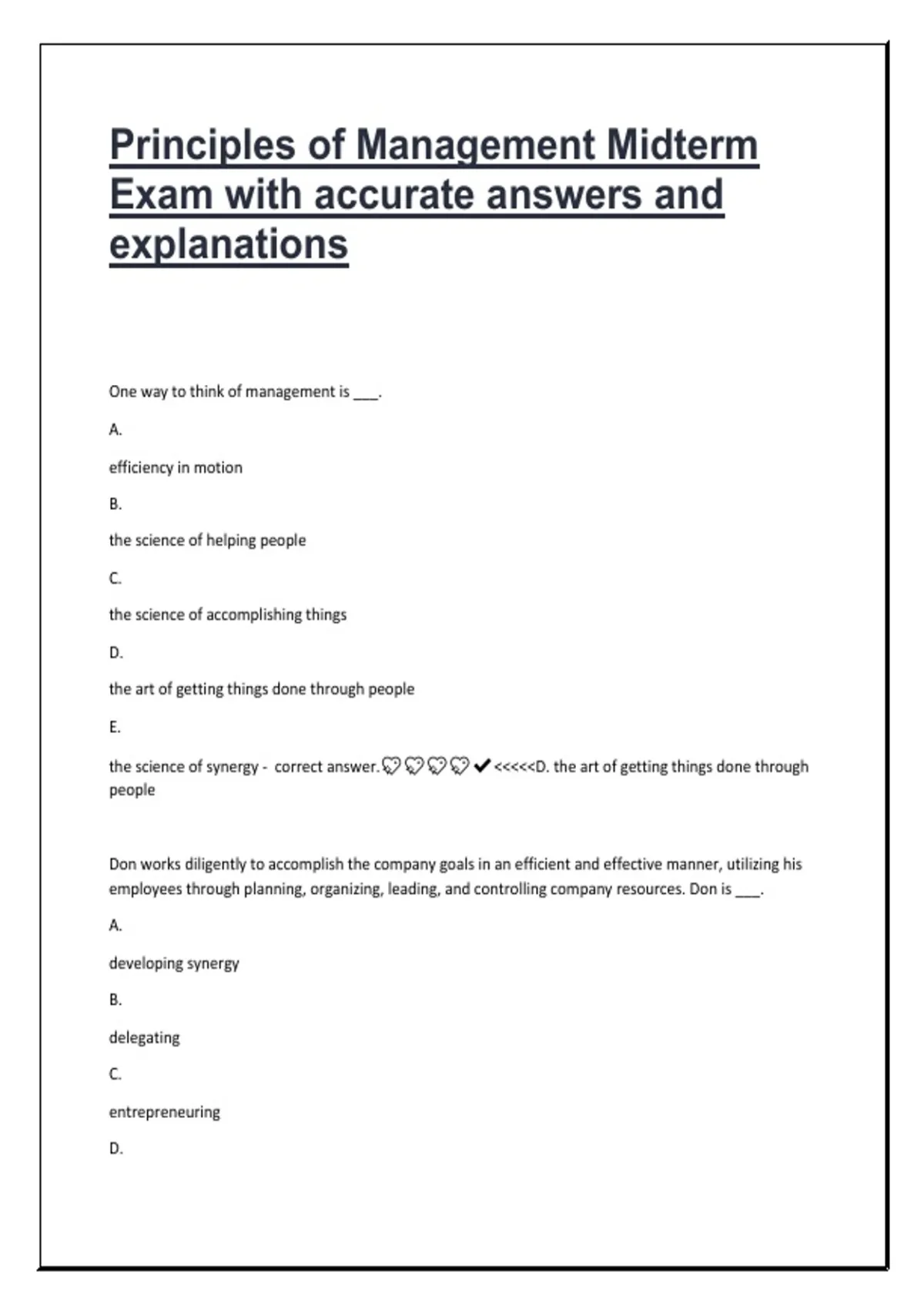 Principles of Management Midterm Exam Study Guide 2025/2026 – Accurate ...