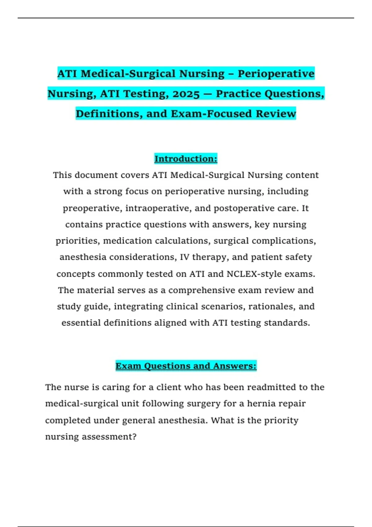 ATI Medical-Surgical Nursing – Perioperative Nursing, ATI Testing, 2025 ...