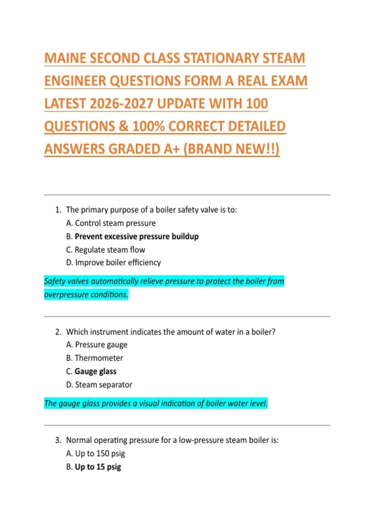MAINE SECOND CLASS STATIONARY STEAM ENGINEER QUESTIONS FORM A REAL EXAM ...
