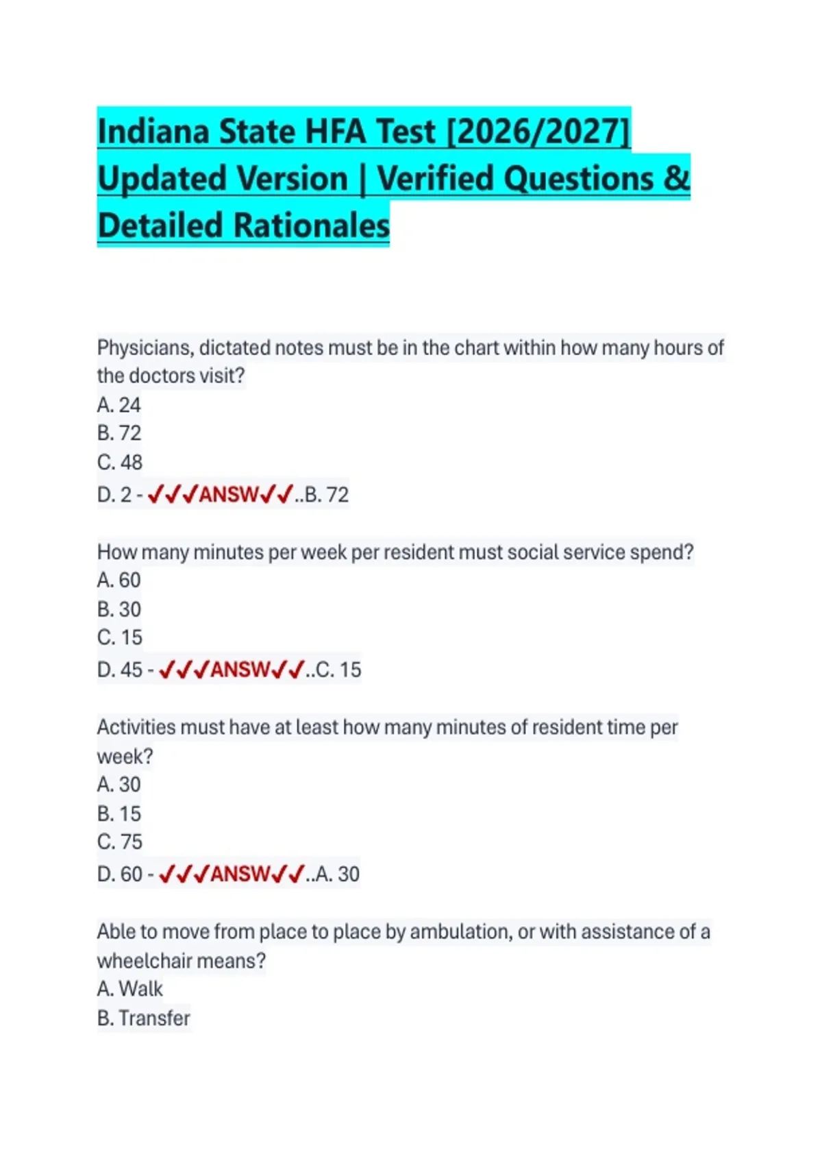 Indiana State HFA Test [2026/2027] Updated Version | Verified Questions ...