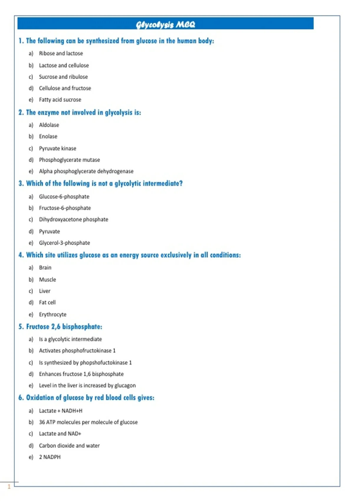 Biochemistry Glycolysis MCQ Practice Test: Full PDF with Answers 2026 ...
