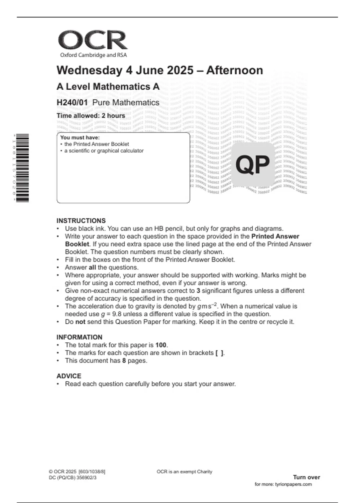 OCR A LEVEL MATHS A PAPER 1 QUESTION PAPER MAY JUNE 2025 - Exam - Stuvia UK