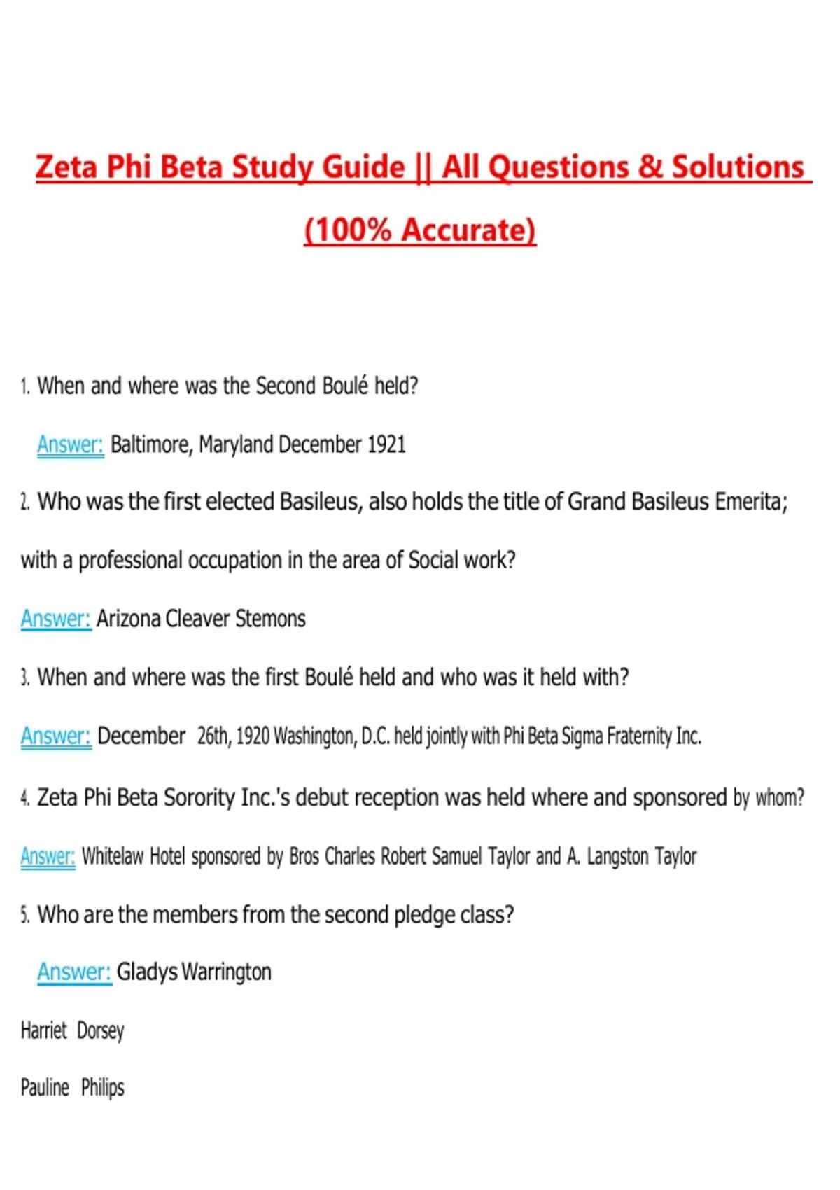 Zeta Phi Beta Study Questions with Correct Answers Pass the Exam, 100% ...