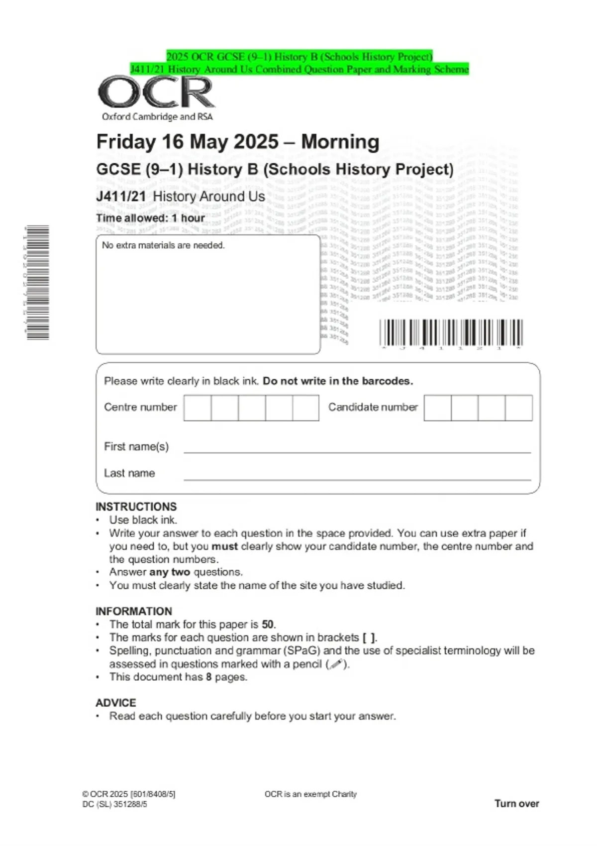 2025 OCR GCSE (9–1) History B (Schools History Project) J411/21 History ...