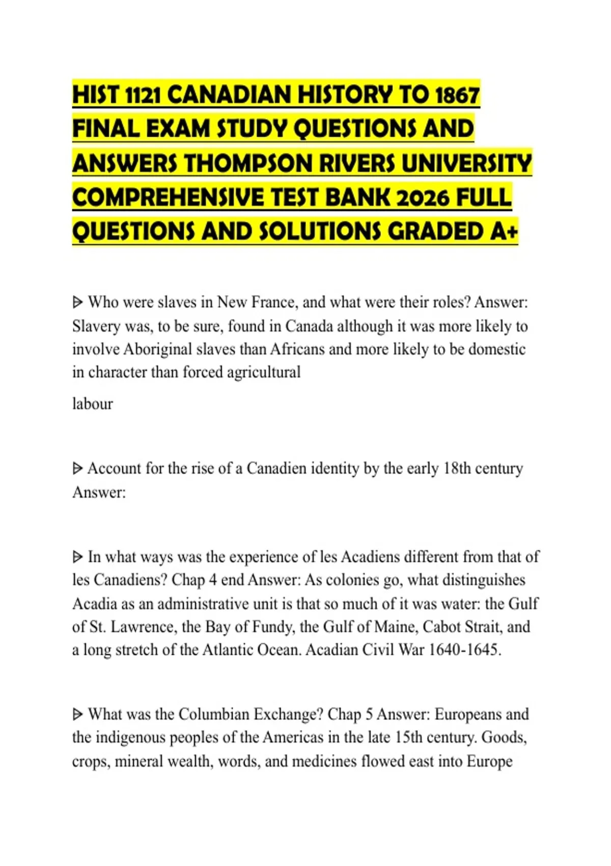 HIST 1121 CANADIAN HISTORY TO 1867 FINAL EXAM STUDY QUESTIONS AND ...