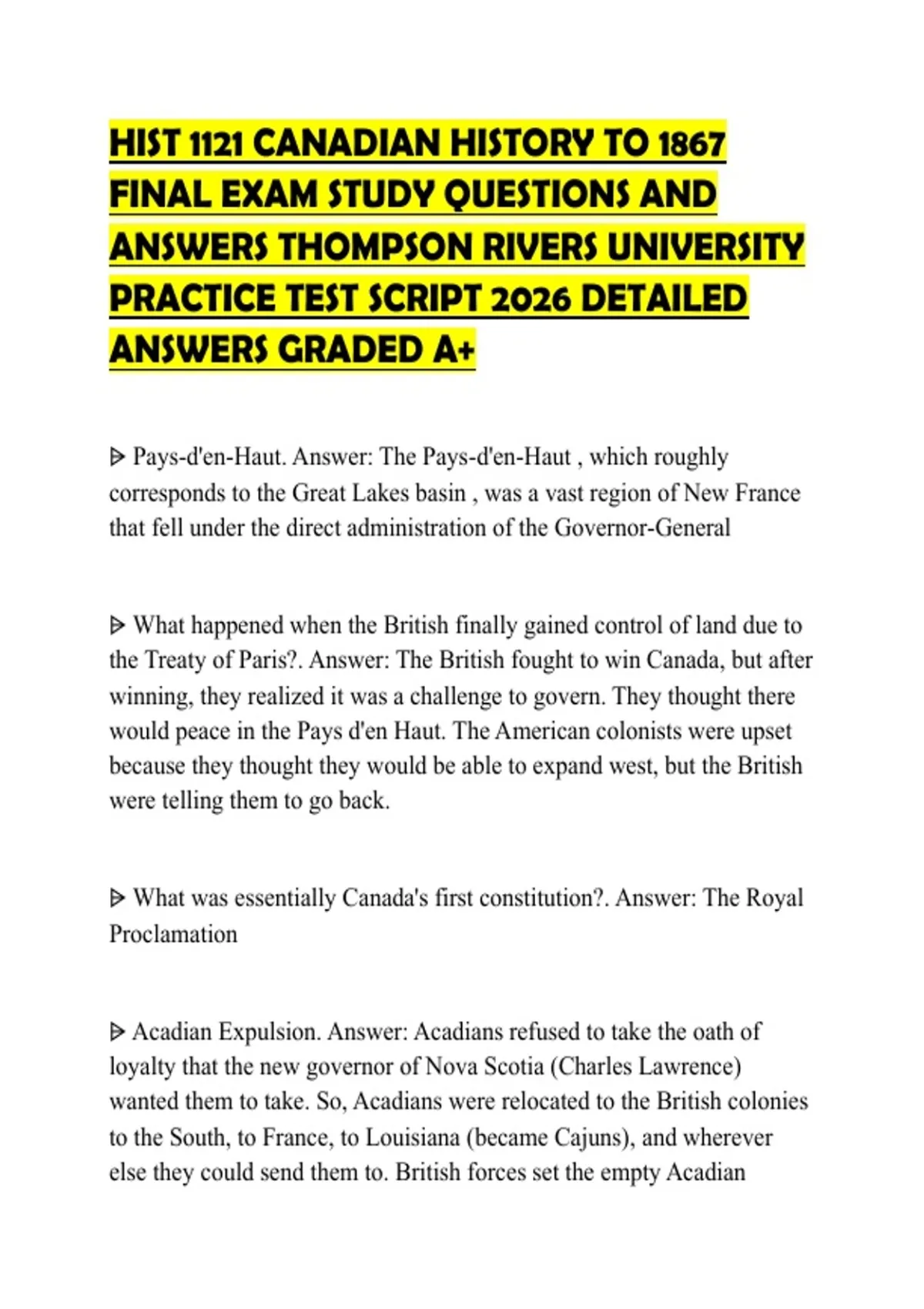 HIST 1121 CANADIAN HISTORY TO 1867 FINAL EXAM STUDY QUESTIONS AND ...