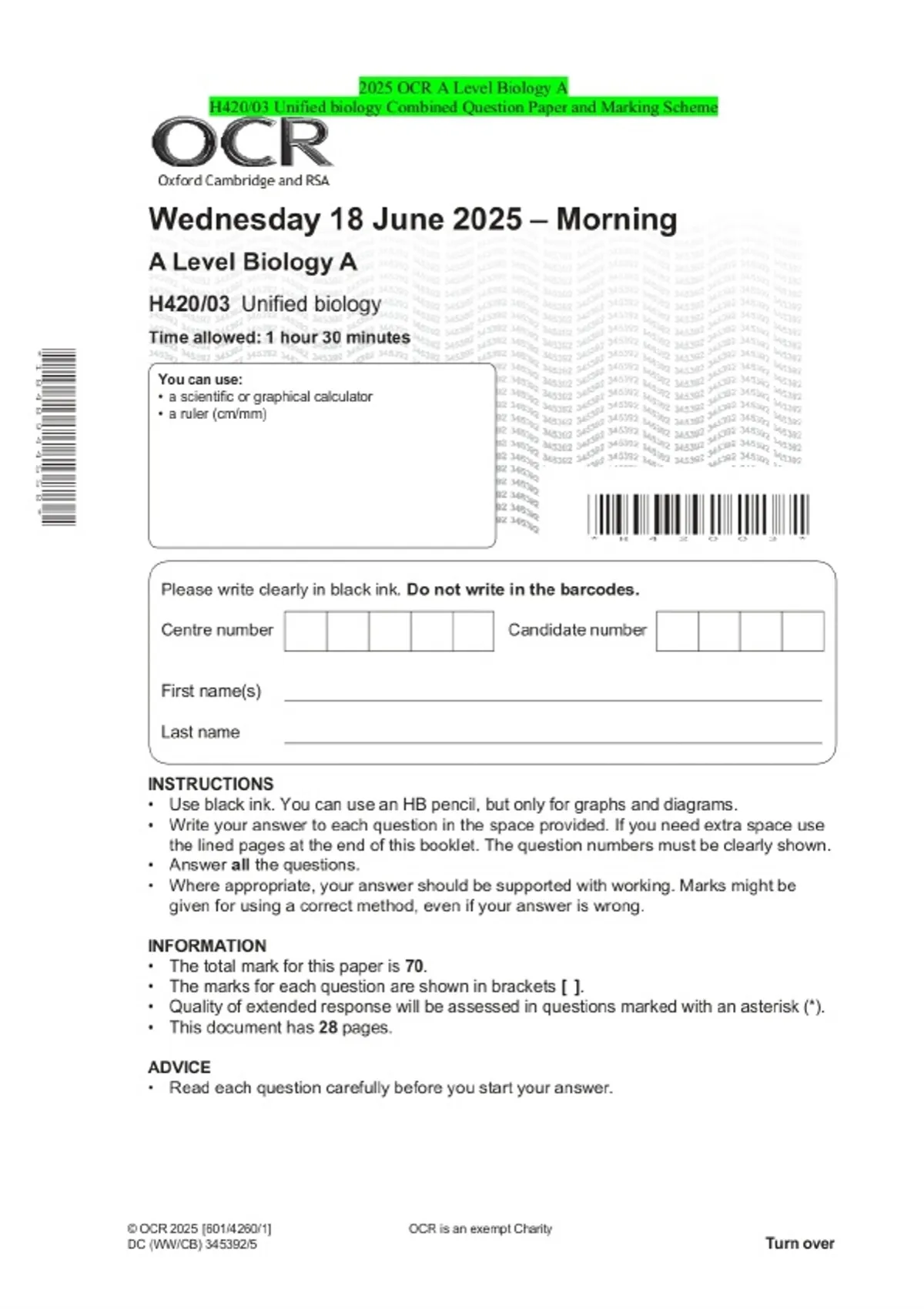 2025 OCR A Level Biology A H420/03 Unified biology Combined Question ...