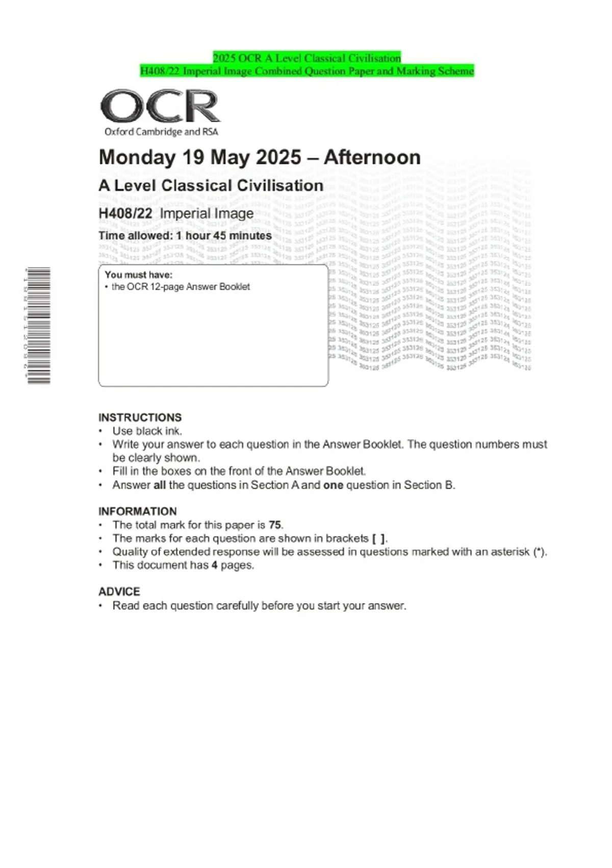 2025 OCR A Level Classical Civilisation H408/22 Imperial Image Combined ...