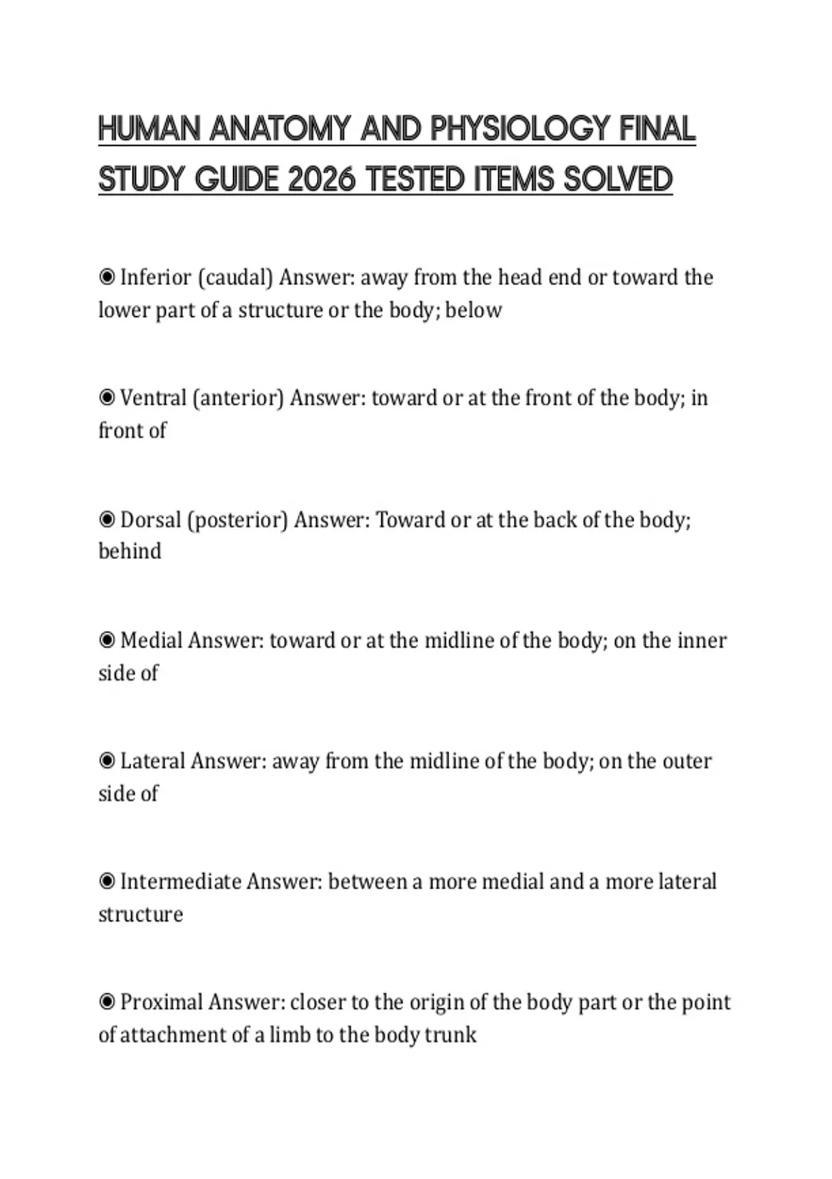 HUMAN ANATOMY AND PHYSIOLOGY FINAL STUDY GUIDE 2026 TESTED ITEMS SOLVED ...