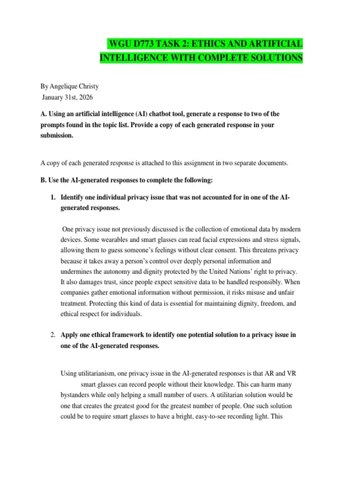 WGU D773 TASK 2: ETHICS AND ARTIFICIAL INTELLIGENCE WITH COMPLETE ...
