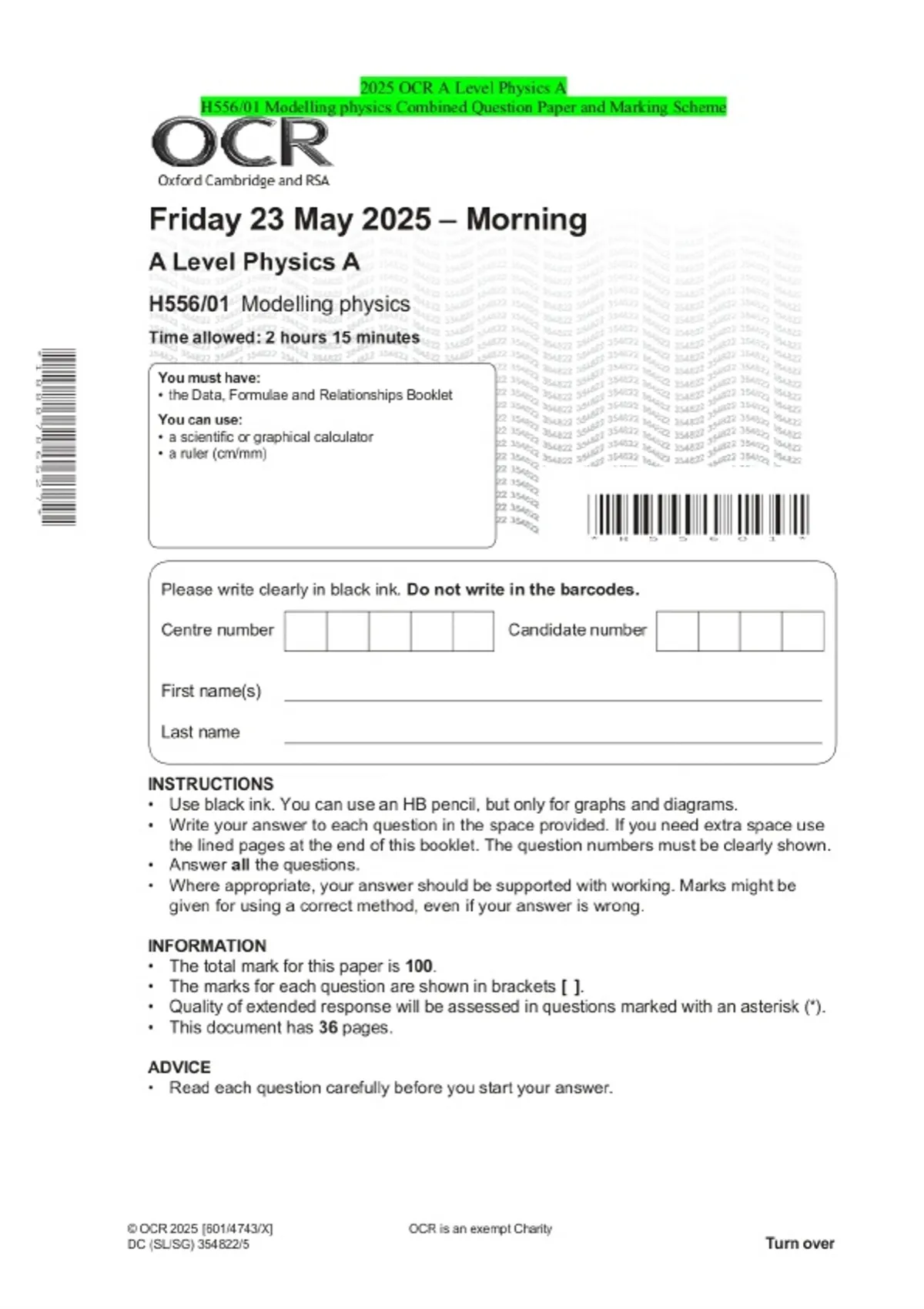 2025 OCR A Level Physics A H556/01 Modelling physics Combined Question ...