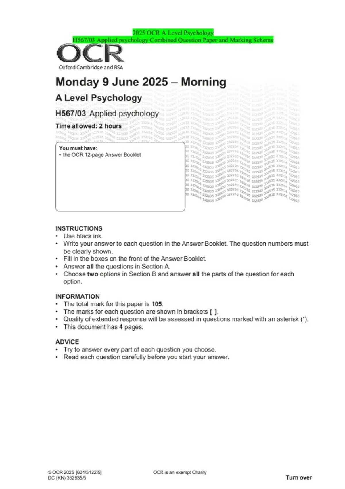 EXAM PACK-::2025 OCR A Level Psychology Paper 1-3|Combined Question ...