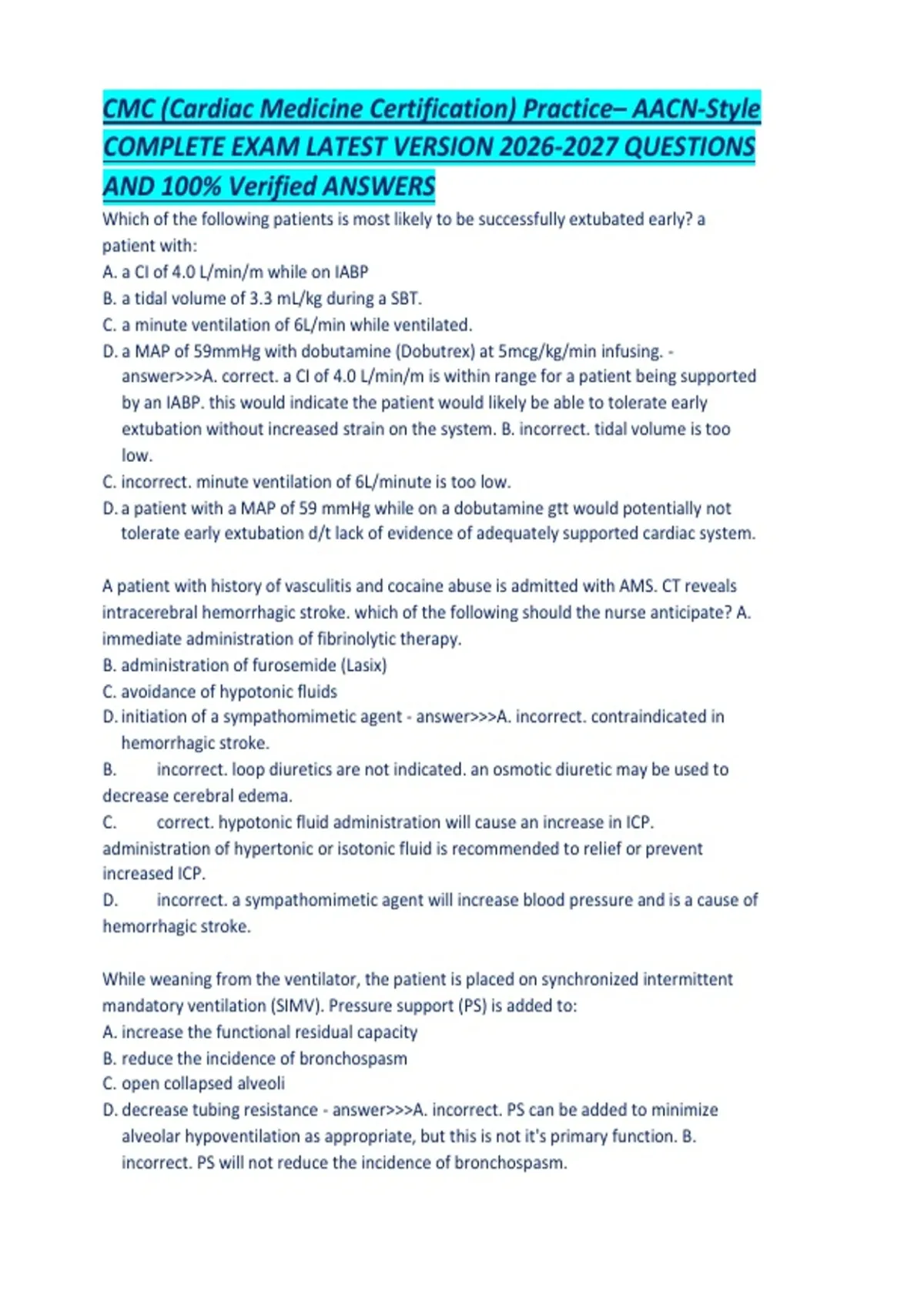 CMC (Cardiac Medicine Certification) Practice– AACN-Style COMPLETE EXAM ...