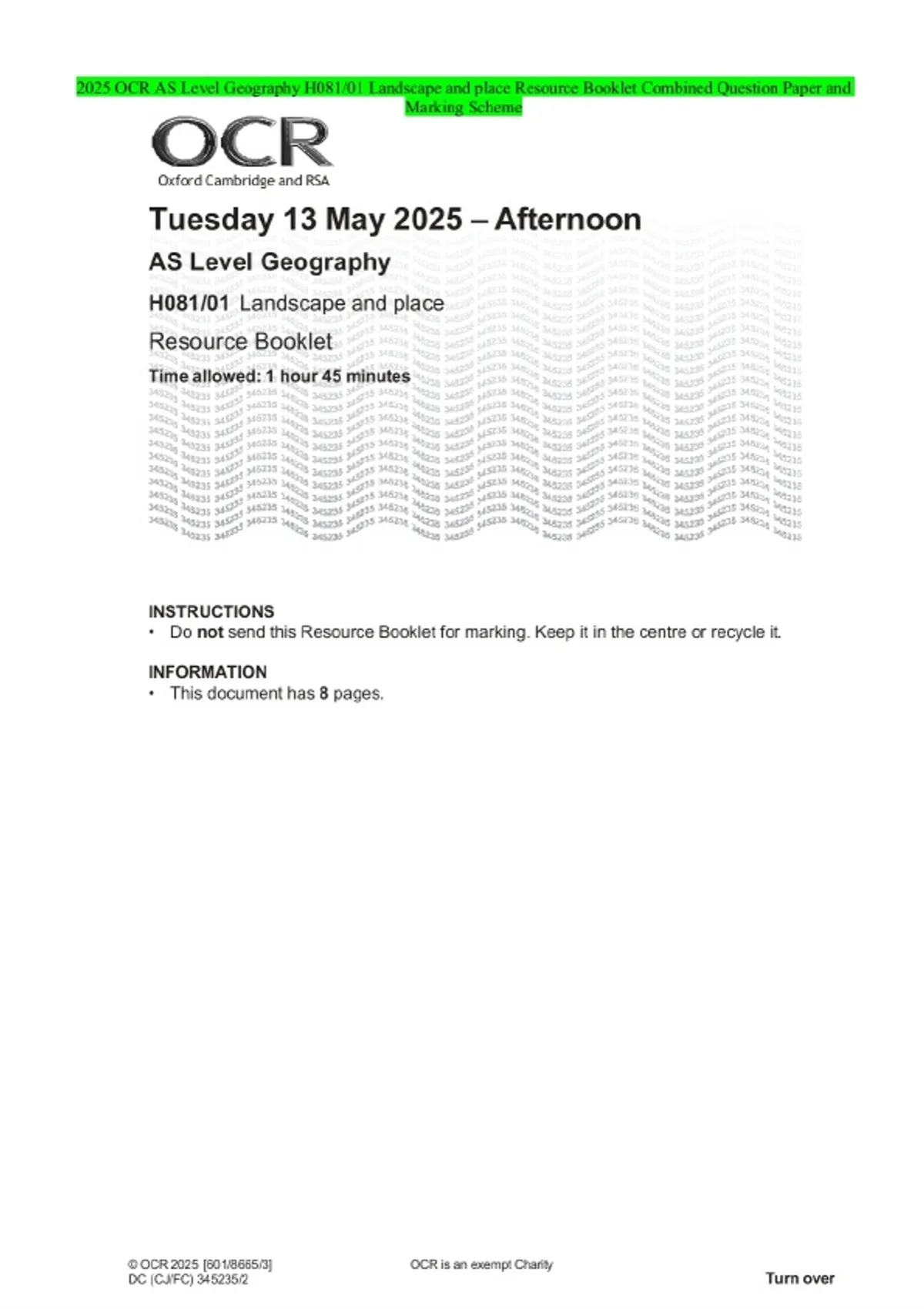 2025 OCR AS Level Geography H081/01 Landscape and place Resource ...